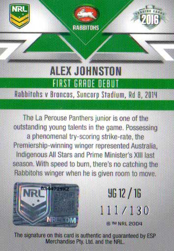 2016 NRL Elite Young Guns Signature YG12 Alex Johnston Rabbitohs ...
