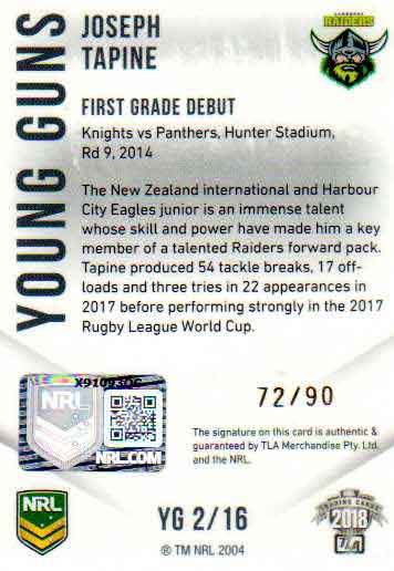 2018 NRL Elite Young Guns Signature YG02 Joseph Tapine Raiders | Diggaz ...
