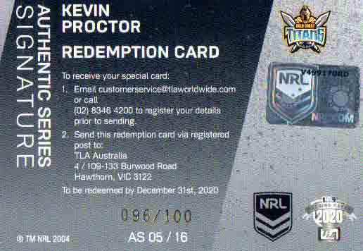 2020 NRL Traders Authentics Signature Redemption AS05 Kevin Proctor ...