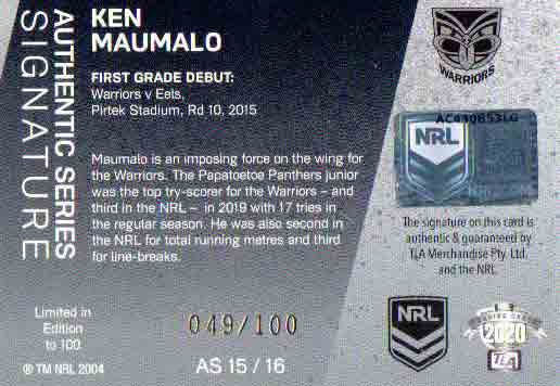 2020 NRL Traders Authentics Signature AS15 Ken Maumalo Warriors ...
